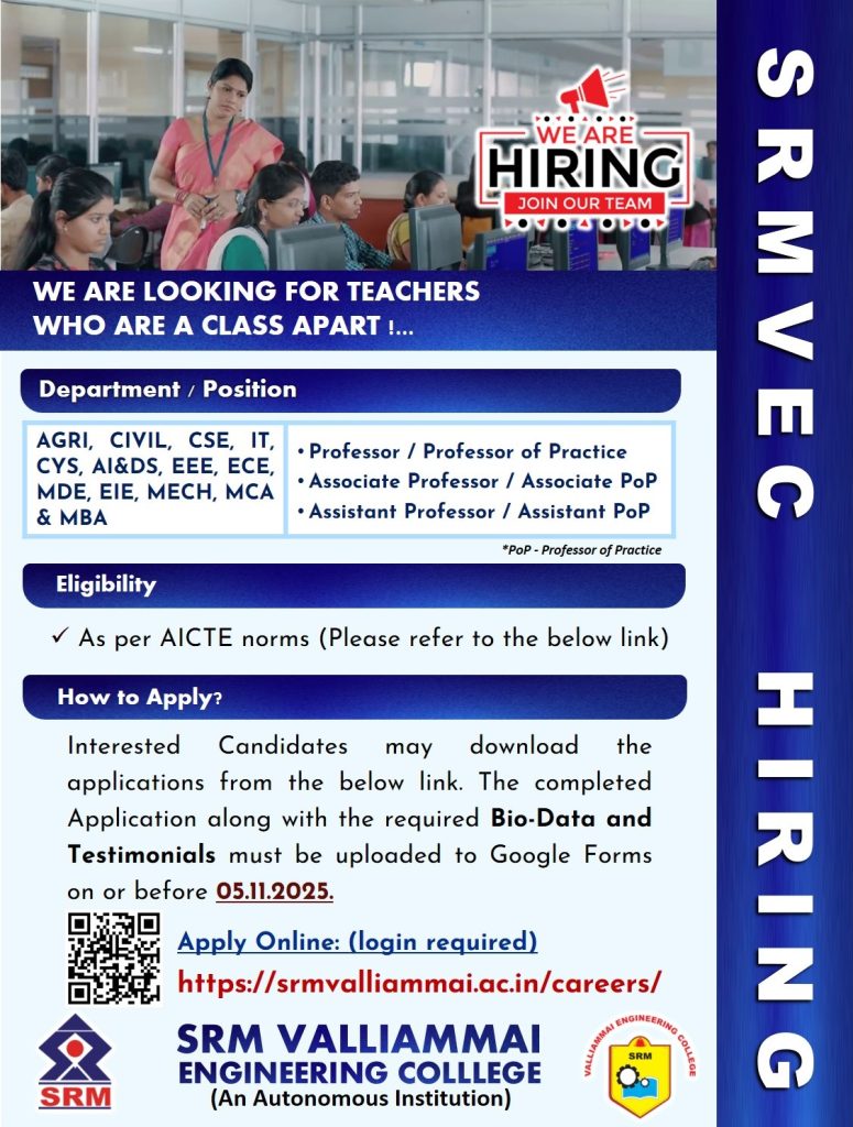 SRM Valliammai Engineering College, Chennai Wanted Faculty | FacultyPlus