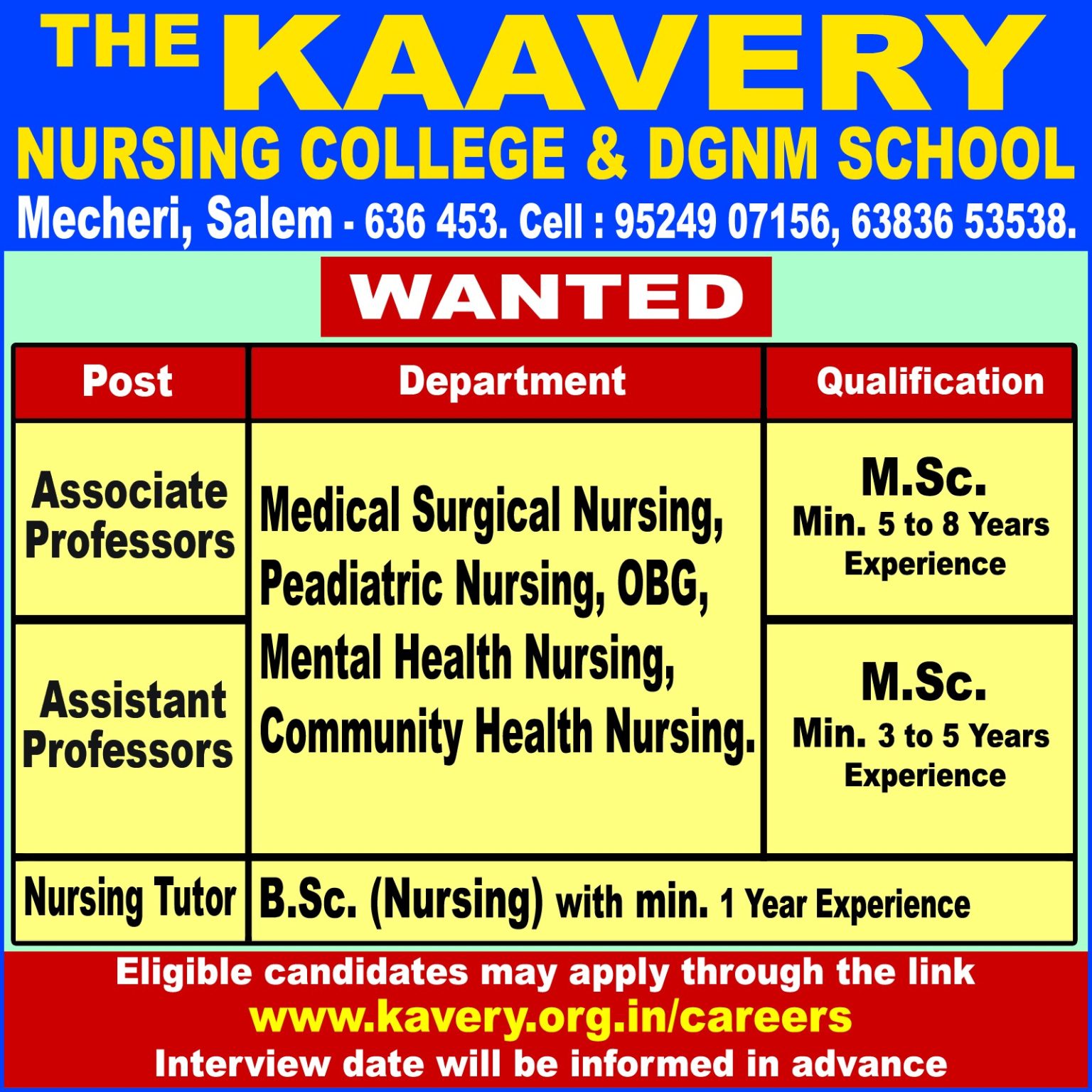 The Kaavery Nursing College, Salem – Teaching Faculty Recruitment | FacultyPlus