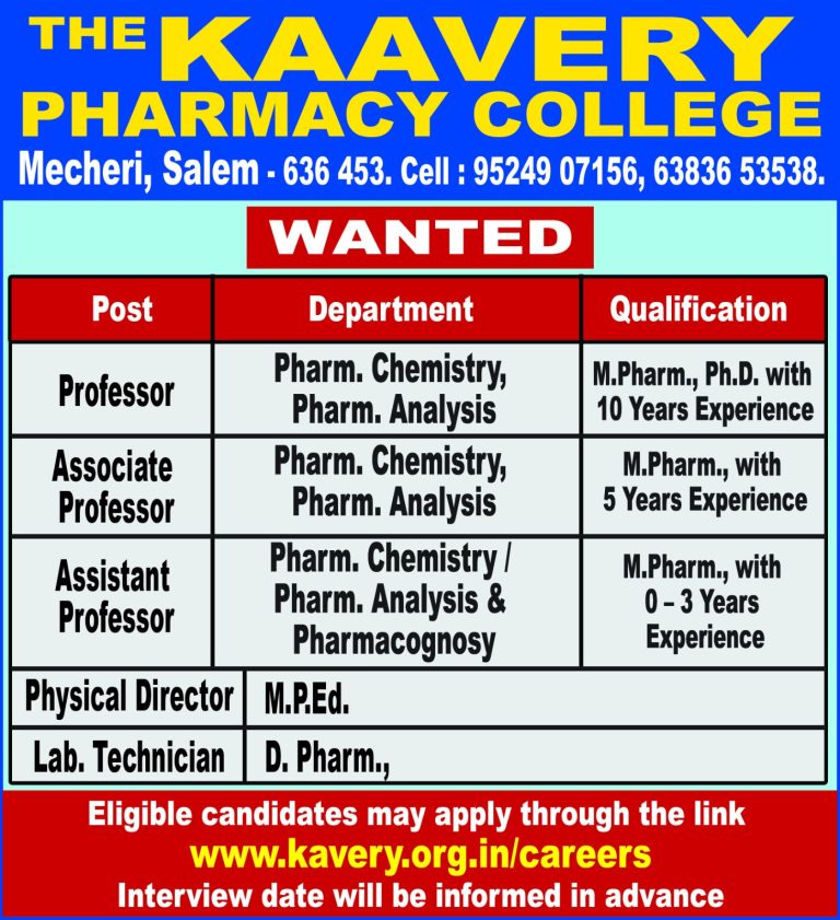 The Kavery Pharmacy College Wanted Teaching and Non-Teaching Faculty | FacultyPlus
