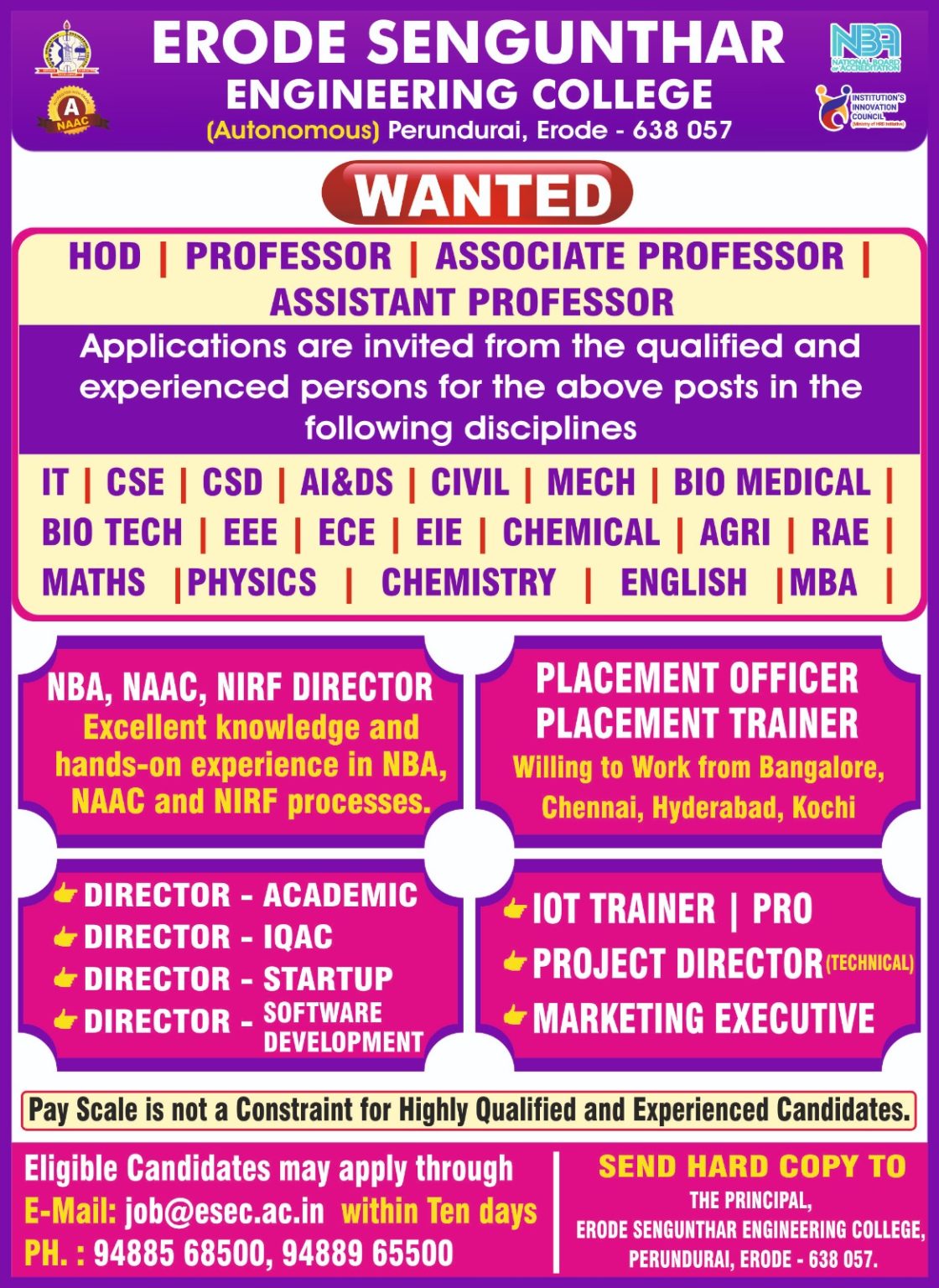 Erode Sengunthar Engineering College, Erode Wanted Teaching and Non-Teaching Faculty | FacultyPlus