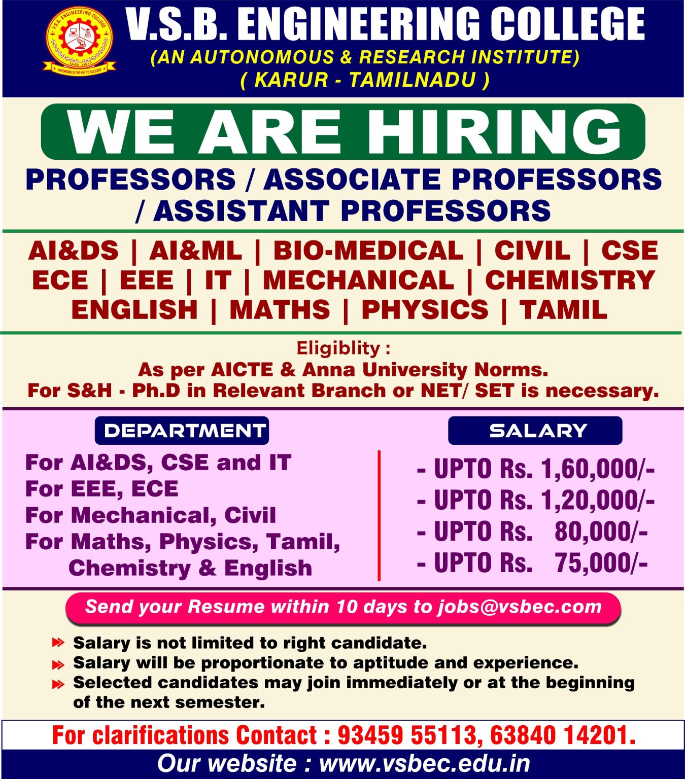 VSB Engineering College, Karur Wanted Professors/ Associate Professors/Assistant Professors ...