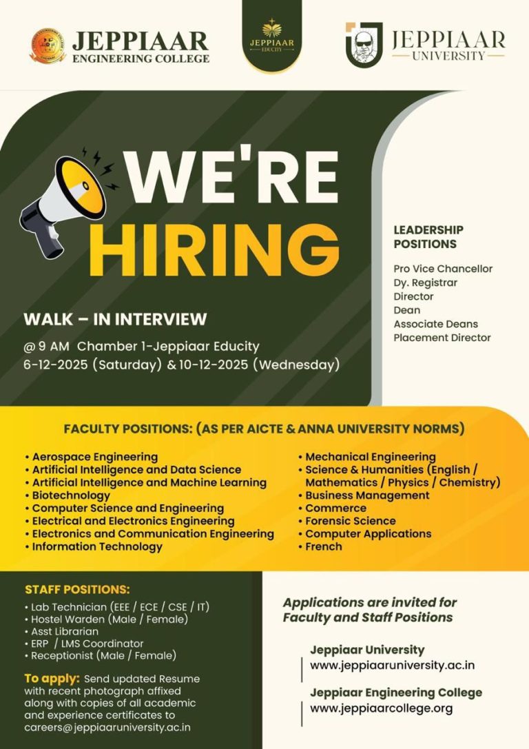 Select Faculty Recruitment 2025 at Jeppiaar Engineering College and Jeppiaar University (Walk-in ...