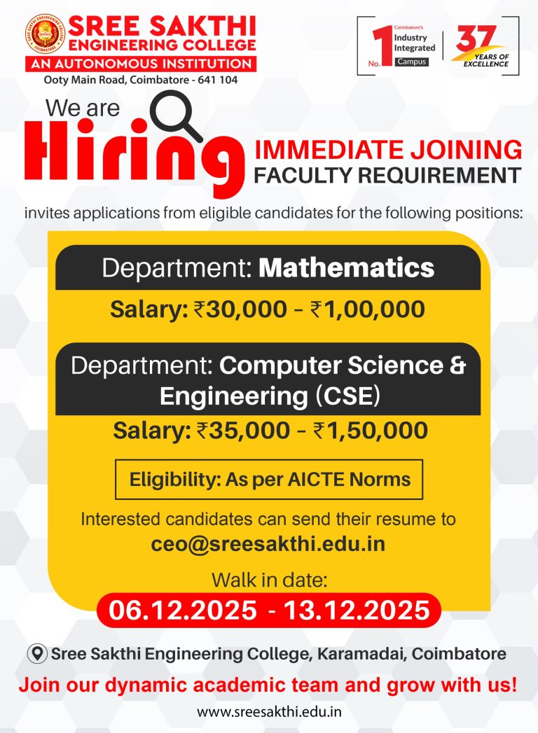 Faculty Recruitment 2025 at Sree Sakthi Engineering College, Karamadai, Coimbatore | FacultyPlus