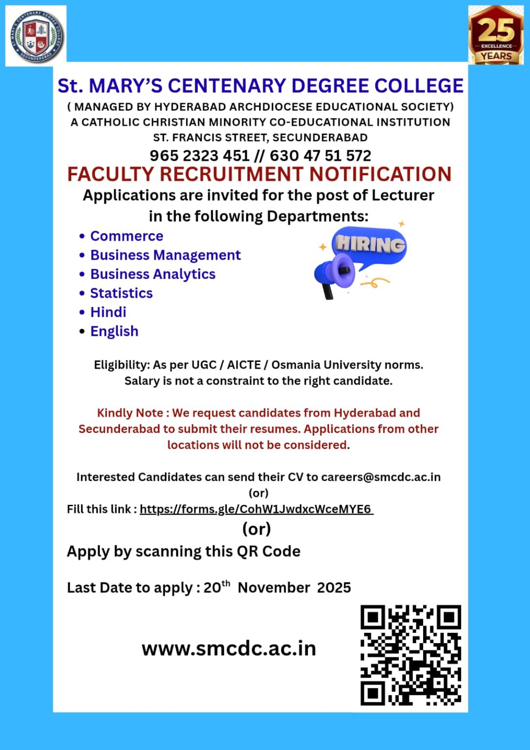 St. Mary’s Centenary Degree College, Secunderabad Wanted Lecturer ...