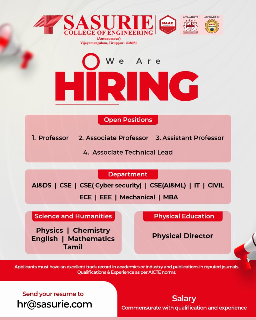 Sasurie College of Engineering (Autonomous), Vijayamangalam Wanted Faculty | FacultyPlus