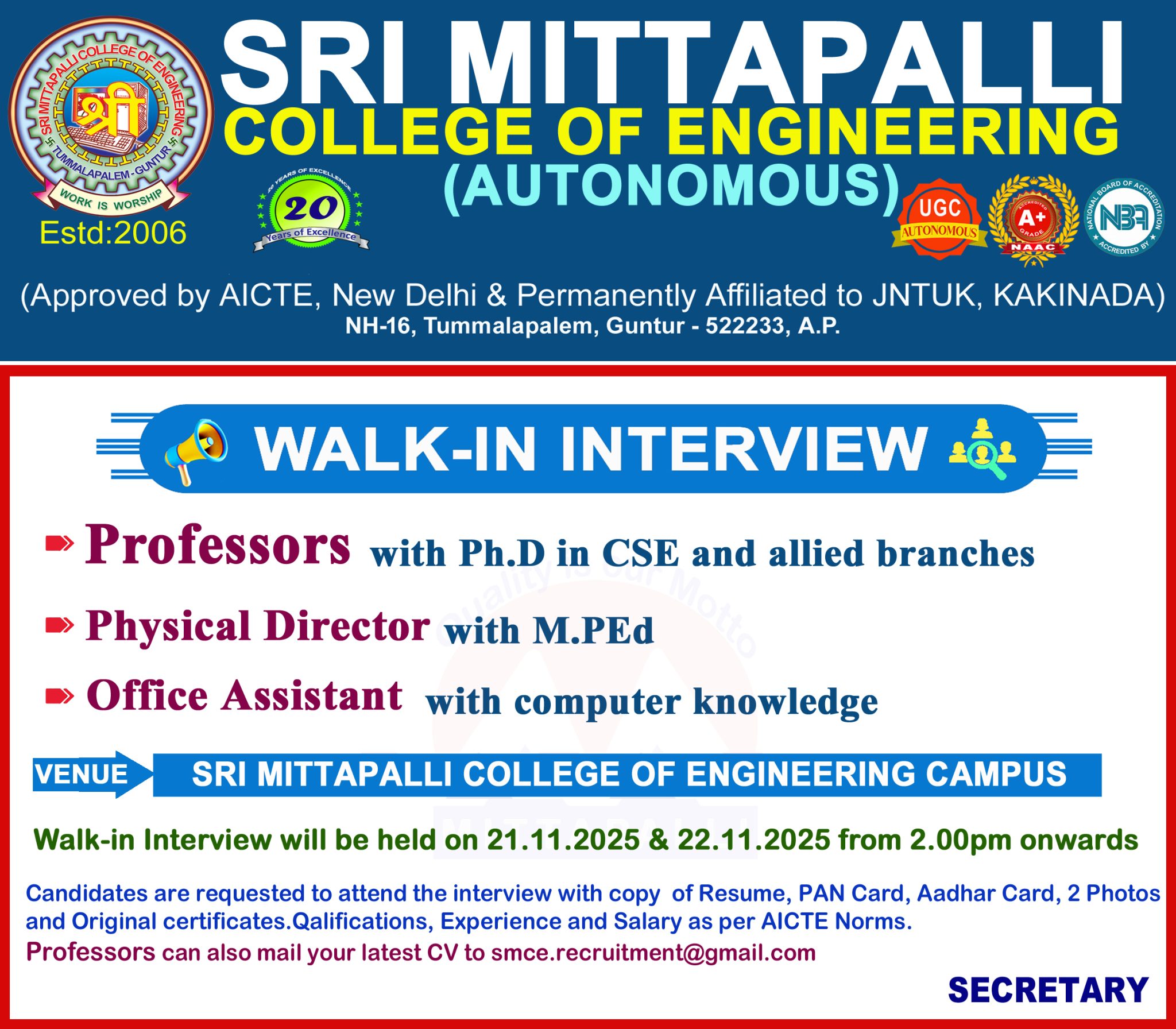 Sri Mittapalli College of Engineering, Guntur Wanted Professors and Others | FacultyPlus