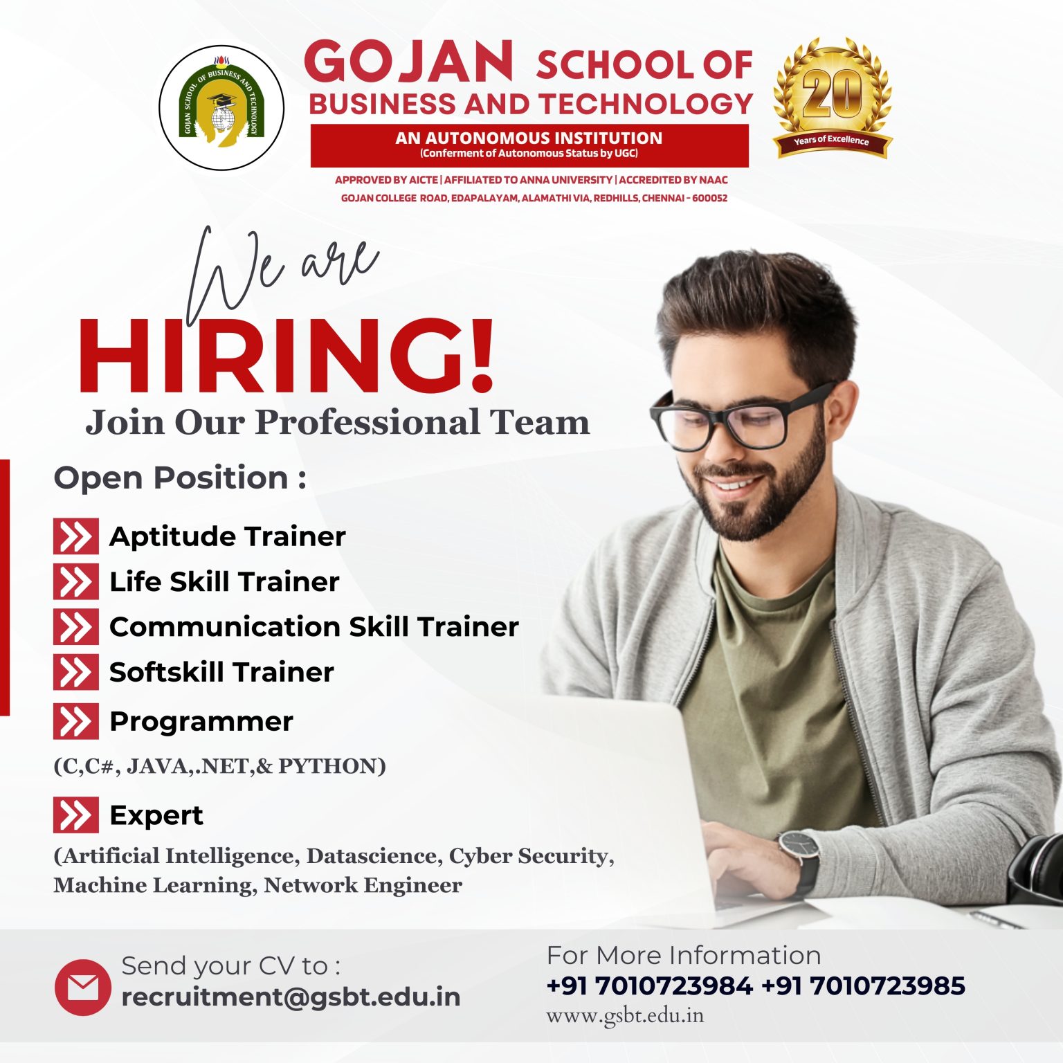 Gojan School of Business and Technology, Chennai Wanted Trainer/ Programmer/Expert | FacultyPlus