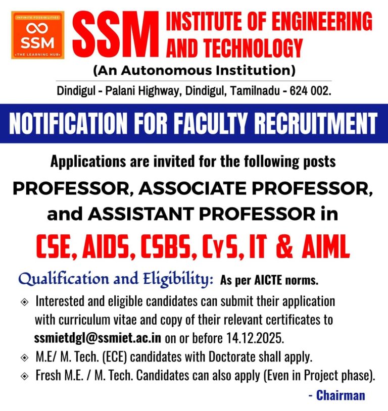 SSM Institute of Engineering and Technology, Dindigul Wanted Faculty ...