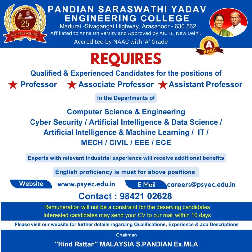 Pandian Saraswathi Yadav Engineering College, Sivagangai Wanted Professor/Associate Professor ...