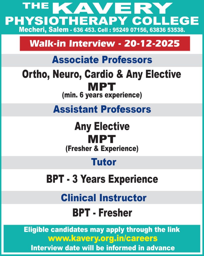 The Kavery Physiotherapy College, Salem Wanted Associate Professor/Assistant Professor/Tutor ...