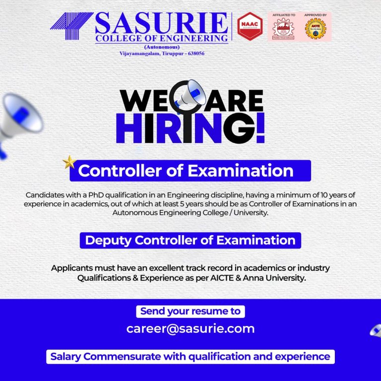 Sasurie College of Engineering, Tiruppur Wanted Controller of Examination/Deputy Controller of ...