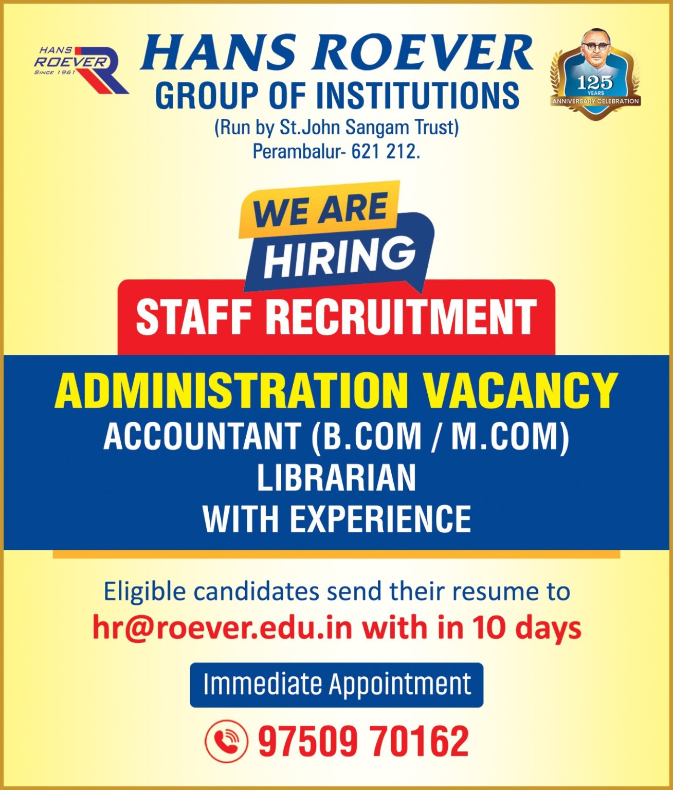 Roever Group of Institutions, Perambalur wanted Non-Teaching Faculty ...