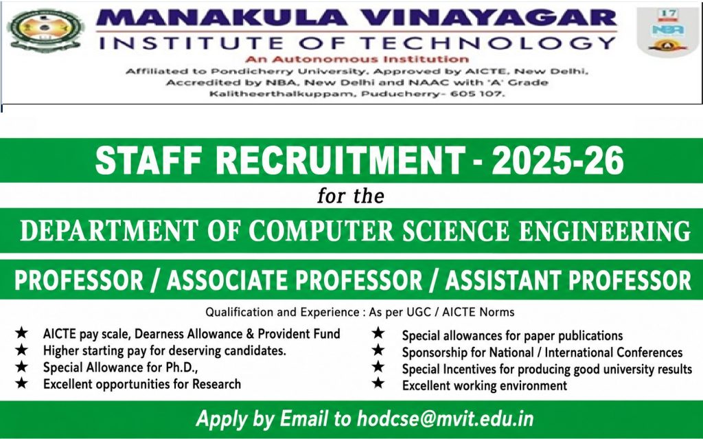 Faculty Jobs at Manakula Vinayagar Institute of Technology, Puducherry ...
