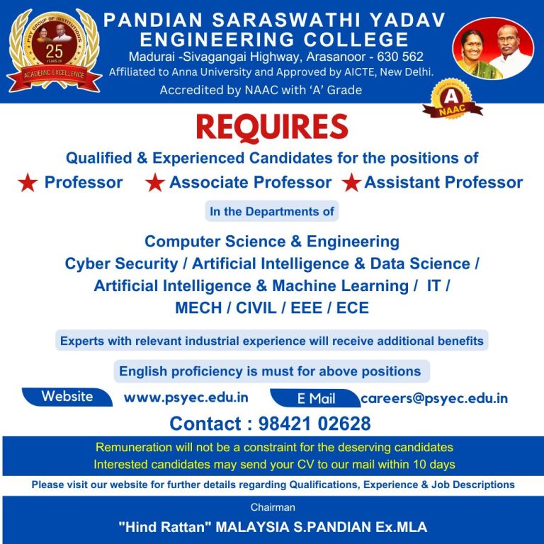 Faculty Recruitment at Pandian Saraswathi Yadav Engineering College ...